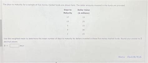 Solved The Days To Maturity For A Sample Of Five Money Chegg