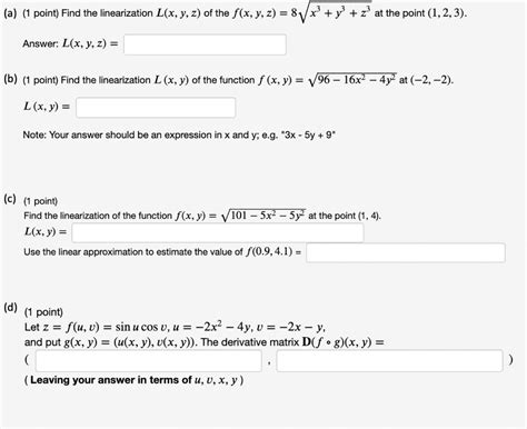 solved a 1 point find the linearization l x y z of