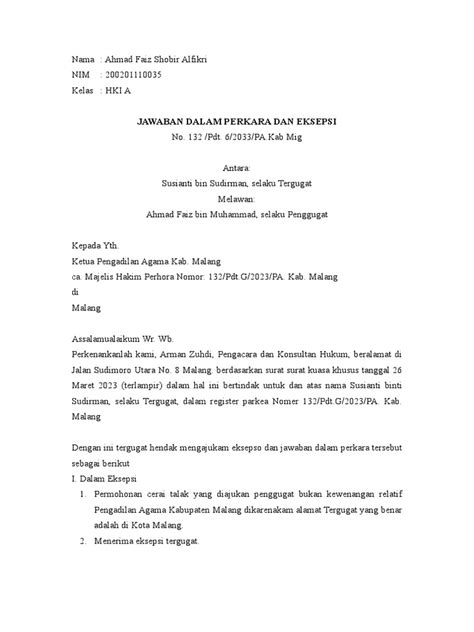 Ahmad Faiz Shobir Alfikri 200201110035 Jawaban Dan Eksepsi Pdf