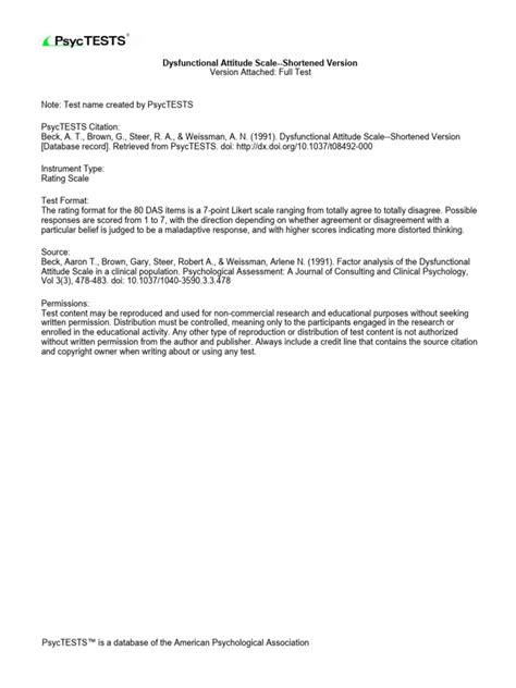 Dysfunctional Attitude Scale Short Das Short Pdf Behavioural Sciences Psychological Concepts
