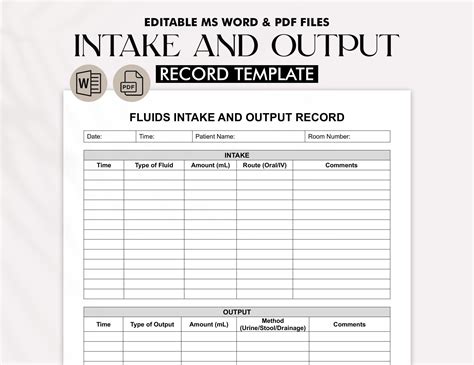 Printable Fluid Intake And Output Record Template Nursing And Healthcare Tracker Patient Care