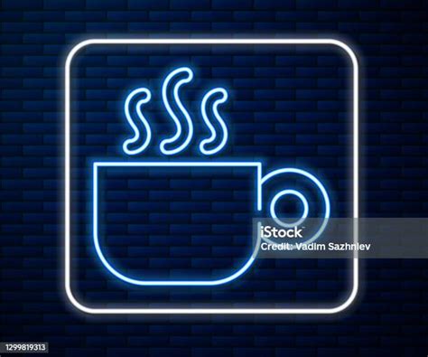벽돌 벽 배경에 고립 된 빛나는 네온 라인 커피 컵 아이콘 차 컵 뜨거운 음료 커피 벡터 경영자에 대한 스톡 벡터 아트 및 기타 이미지 Istock