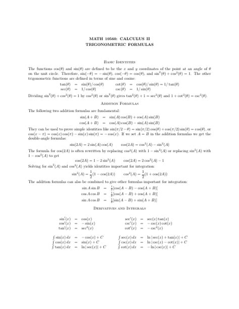 Math Calculus Cheat Sheet Trigonometric Formulas Download Printable Pdf Templateroller