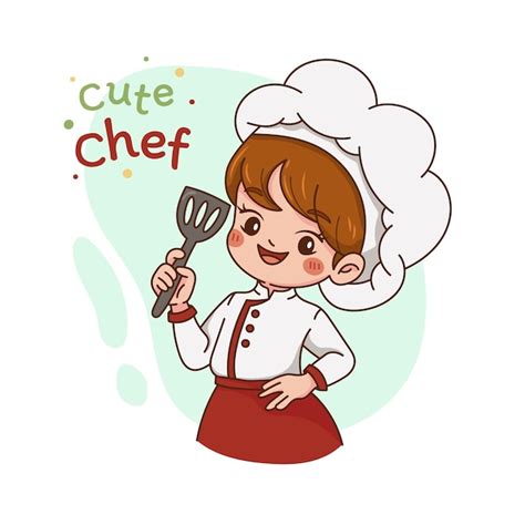 주걱 만화 일러스트와 함께 요리하는 귀여운 요리사 소녀 프리미엄 벡터