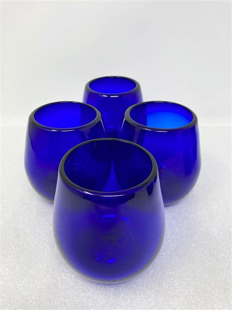 4 Stemless Wine Glasses Cobalt Blue Etsy