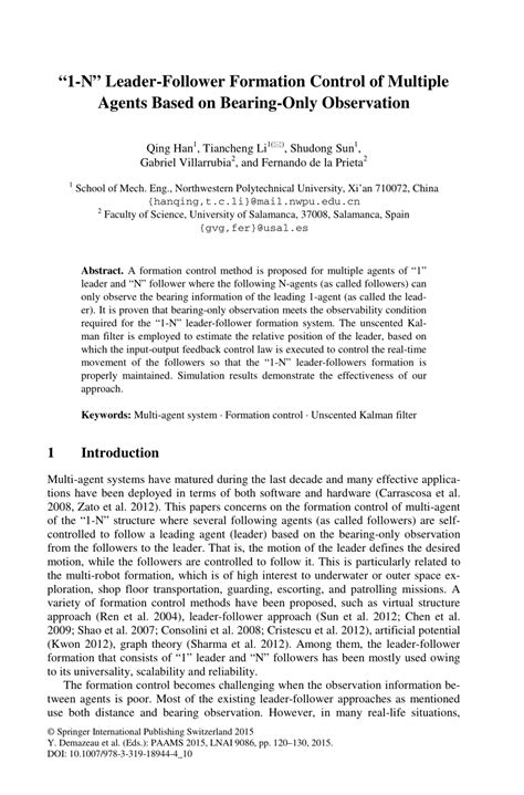 Pdf 1 N” Leader Follower Formation Control Of Multiple Agents Based