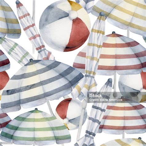 손으로 그린 수채화 줄무늬 비치 우산 열기 및 접힘 놀이 공 원활한 패턴 흰색 배경에 격리 디자인 벽 예술 결혼식 인쇄 직물 표지 카드 관광 여행 책자 0명에 대한 스톡