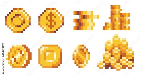 Golden Coins Pixel Art Set Medals Treasure Reward Stack Of Money Collection 8 Bit Sprite