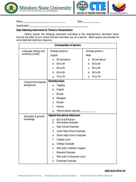 Data Gathering Instrument For Trainee Pdf Learning Learning Styles