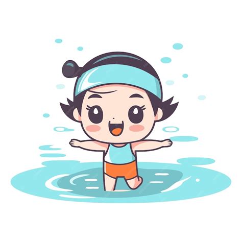 수영장에서 수영하는 귀여운 만화 소년 프리미엄 벡터
