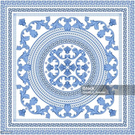 블루 바로크 양식의 두루마리 파란색 그리스 키 패턴 프리즈 비열한 테두리 흰색 배경에 꽃 소용돌이 꽃 꽃의 구조에 대한 스톡