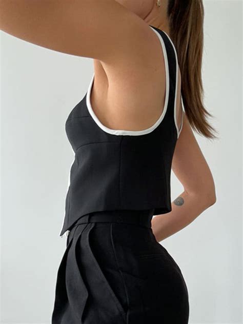 Emmiol Free Shipping 2024 Contrast Color Lace Up Tank Top Black L In Tank Tops Online Store