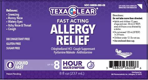 Texaclear Fast Acting Allergy Relief Liquid Gm Pharmaceuticals Inc