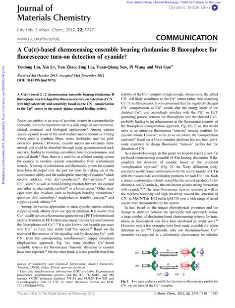Pdf A Cu Ii Based Chemosensing Ensemble Bearing Rhodamine B Fluorophore For Fluorescence Turn