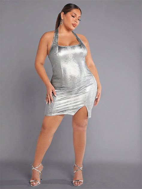 Shein Sxy Plus Size Metalic Halter Neck Maxi Skinny Dress With High