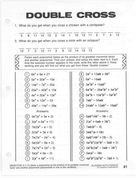 Algebra Pizzazz Worksheets Answers
