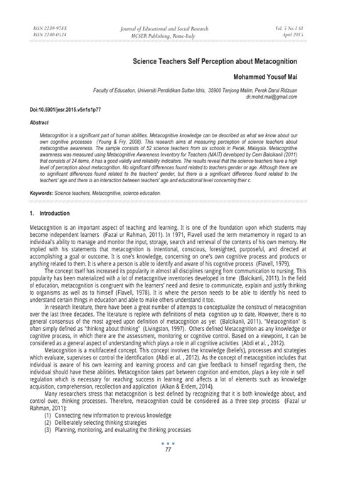 Pdf Science Teachers Self Perception About Metacognition