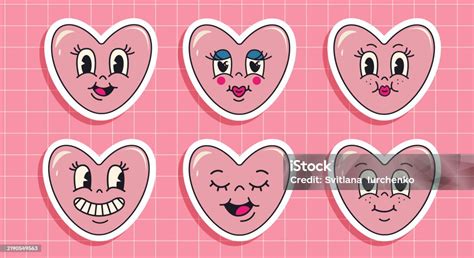 그루비 하트 스티커 세트 얼굴이 있는 분홍색 하트 트렌디한 레트로 스타일의 재미있는 캐릭터 귀여운 이모티콘 해피 발렌타인 데이