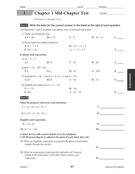 Pre Algebra Chapter 1 Mid Chapter Test