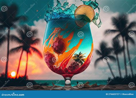 Exploding Glass With Liquid Colored Tropical Cocktail Stock