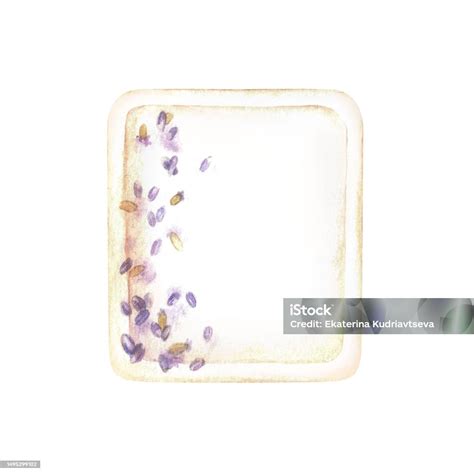 수채화 그림입니다 라벤더 꽃 비누 흰색 배경에 격리되어 있습니다 보라색 허브가 들어간 베이지색 비누의 단단한 막대 스파 소책자 명함 뷰티 엽서의 디자인 공예 제품에 대한