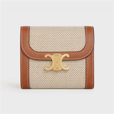 Celine Women Small Triomphe Wallet In Textile And Calfskin Brown