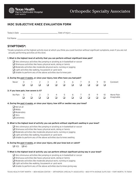 Ikdc Subjective Knee Evaluation Form Texas Health Orthopedic Specialty Associates Fill Out