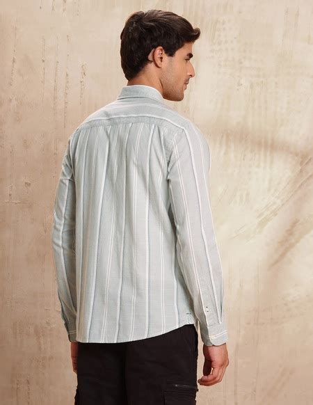 Light Green Striped Casual Full Sleeves Shirt Collar Men Slim Fit