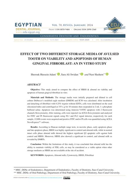 Pdf Effect Of Two Different Storage Media Of Avulsed Tooth On Viability And Apoptosis Of Human