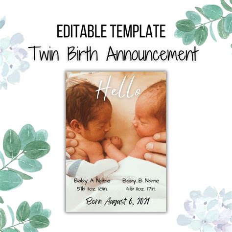 Editable Birth Announcement Twin Birth Announcement Digital Download