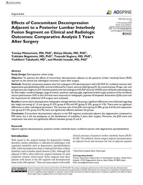Pdf Effects Of Concomitant Decompression Adjacent To A Posterior Lumbar Interbody Fusion