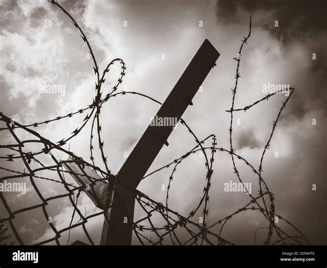 Barbed Wire Fence On A Dramatic Sky Background Black And White Picture