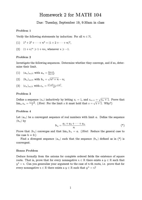 Problems On Introduction To Analysis Homework 2 Math 104 Docsity