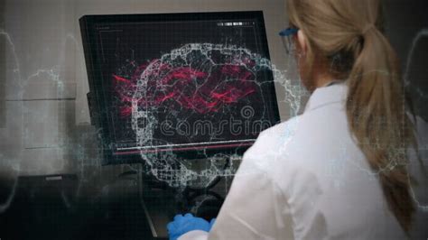 Animation Of Dna Strand With Digital Brain Over Caucasian Female Scientist Working In Lab Stock