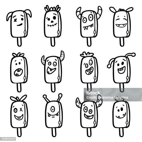 재미있는 괴물과 아이스크림 세트 얼굴 할로윈 디자인을위한 개요 낙서 만화 벡터 일러스트 레이 션 색칠 공부 책 컬러링 북 페이지 일러스트레이션 기법에 대한 스톡 벡터 아트