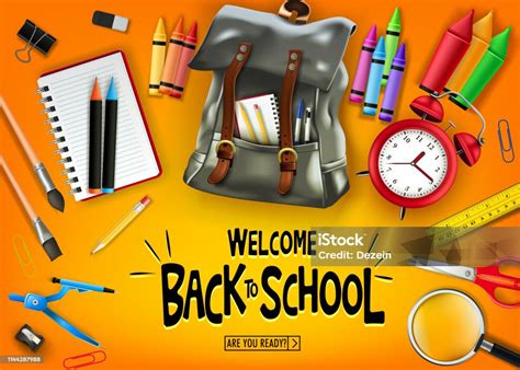 블랙 백팩과 학교 용품 오렌지 배경 배너에 학교에 다시 오신 것을 환영 합니다 교육에 대한 스톡 벡터 아트 및 기타 이미지