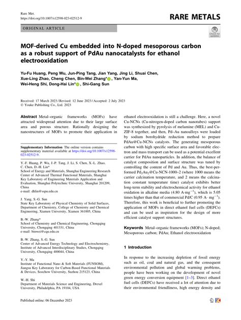 Pdf Mof Derived Cu Embedded Into N Doped Mesoporous Carbon As A Robust Support Of Pdau
