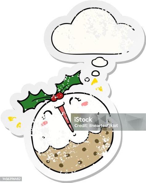 고민 된 착용 스티커로 생각 거품과 귀여운 만화 크리스마스 푸딩 귀여운에 대한 스톡 벡터 아트 및 기타 이미지 귀여운 기포 낙서 드로잉 Istock