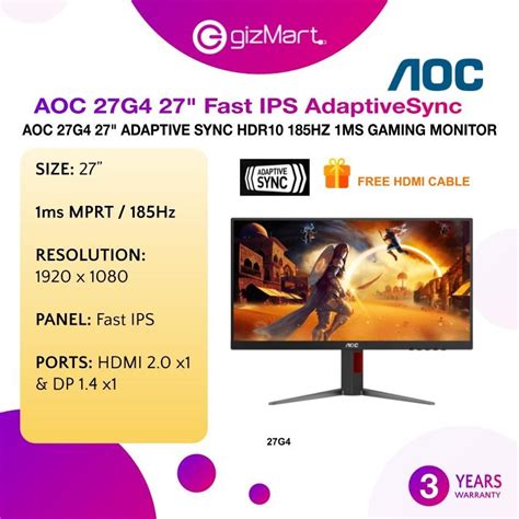 AOC 27 27G4 Fast IPS FHD HDR10 Adaptive Sync 180Hz 1ms Ergonomic Gaming Monitor Shopee Malaysia