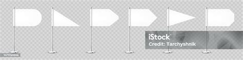 크롬 강철 기둥에 현실적인 다양한 테이블 플래그 종이 나 직물로 만든 빈 흰색 책상 플래그 반짝이는 금속 스탠드 프로모션 및 광고에 대한 모형 벡터 일러스트레이션 0명에