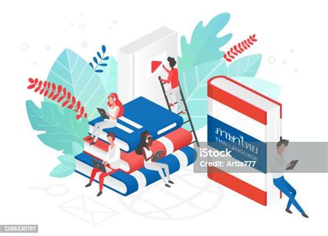 태국어 벡터 를 배우는 사람들 등자극성 3d 일러스트레이션 태국 거리 교육 온라인 학습 과정 개념 책 만화 문자를 읽는 학생 외국어를 가르치는 것 3차원 형태에 대한 스톡