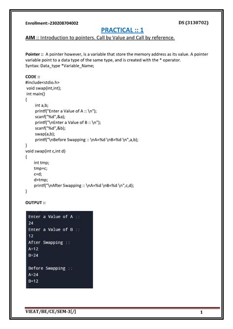 Ds Practical 202324 Practical 1 Aim Introduction To Pointers Call By Value And Call By
