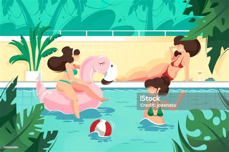 수영장에서 볼과 분홍색 플라밍고 팽창 식 원을 가진 편평한 젊은 미소 여자 개념에 대한 스톡 벡터 아트 및 기타 이미지 개념 경관 계절 Istock