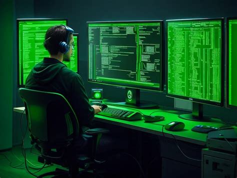 Premium Ai Image Smart Male It Programer Working On Desktop Green Mockup Screen Computer In