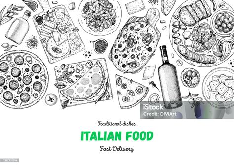 이탈리아 요리 맨 위 보기입니다 스케치 일러스트레이션 이탈리아 음식 디자인 템플릿입니다 손으로 그린 그림 흑백 각인 된 스타일