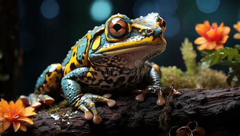 Cute Yellow Toad Sitting On Wet Leaf In Tropical Forest Generated By Ai