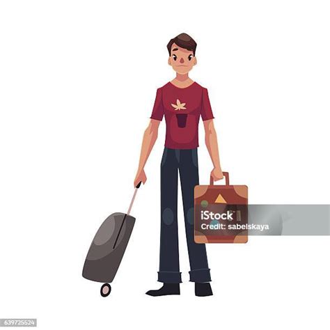 청바지와 티셔츠를 입은 청년이 가방 두 개를 들고 여행합니다 2명에 대한 스톡 벡터 아트 및 기타 이미지 2명 남자 남자들만 Istock