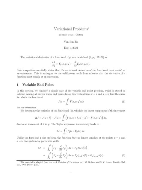 Variational Problems Pdf Calculus Of Variations Mathematical Concepts