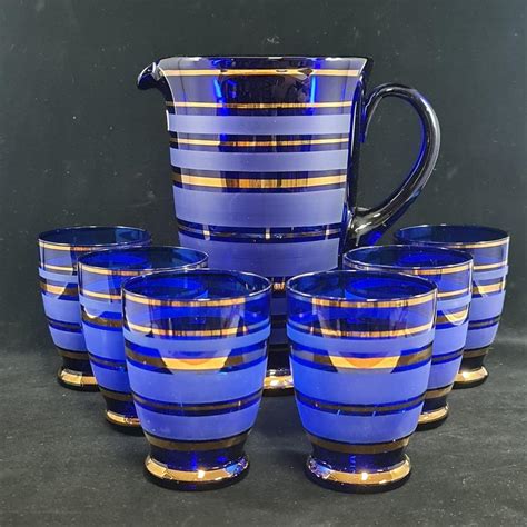 Sold At Auction Vintage Retro Seven Piece Water Jug And Glasses In Deep Ocean Blue And Gold