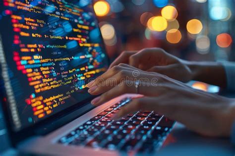 Close Up Businesswoman Hand Programmer On Laptop Abstract Virtual